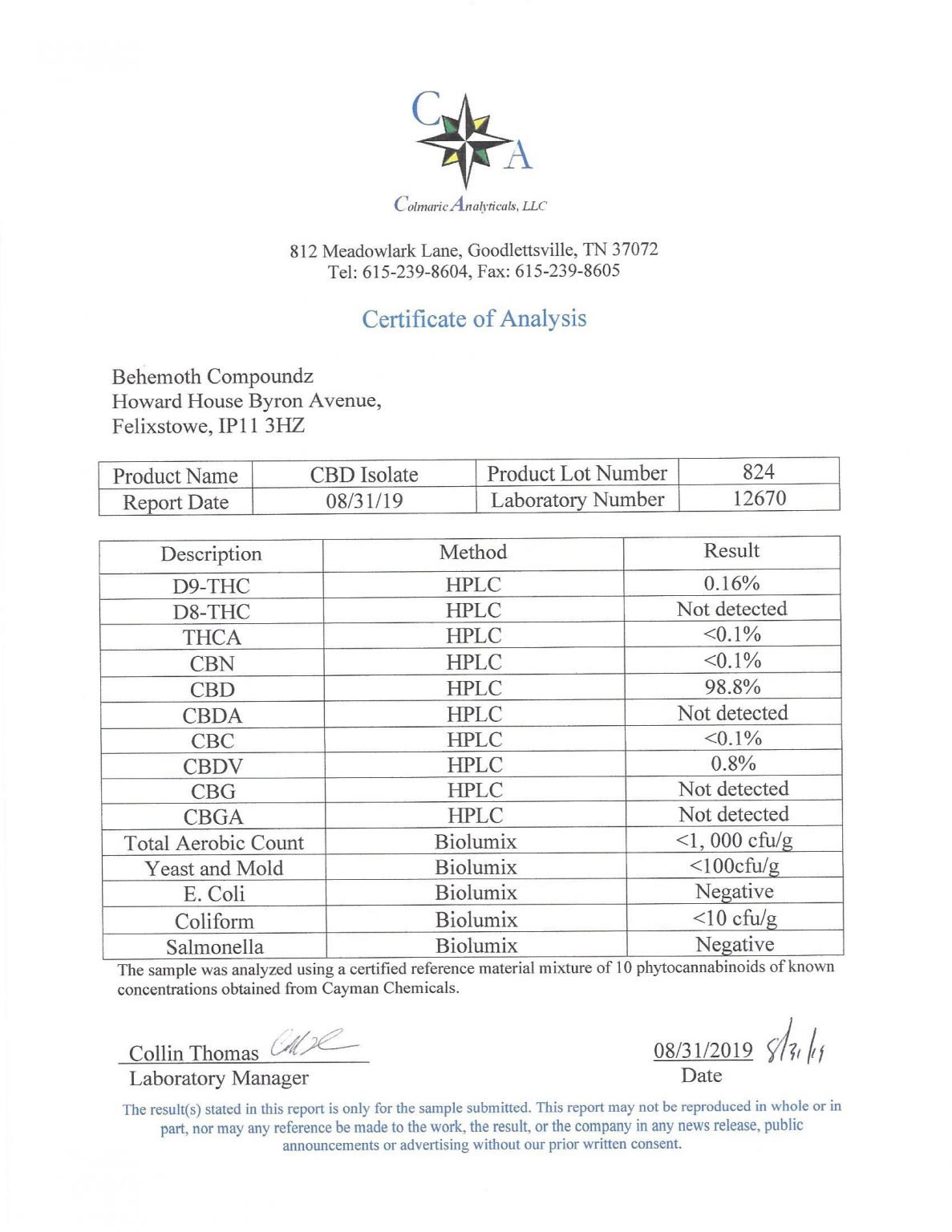 COA - CBD Samples | BEHEMOTH LABZ